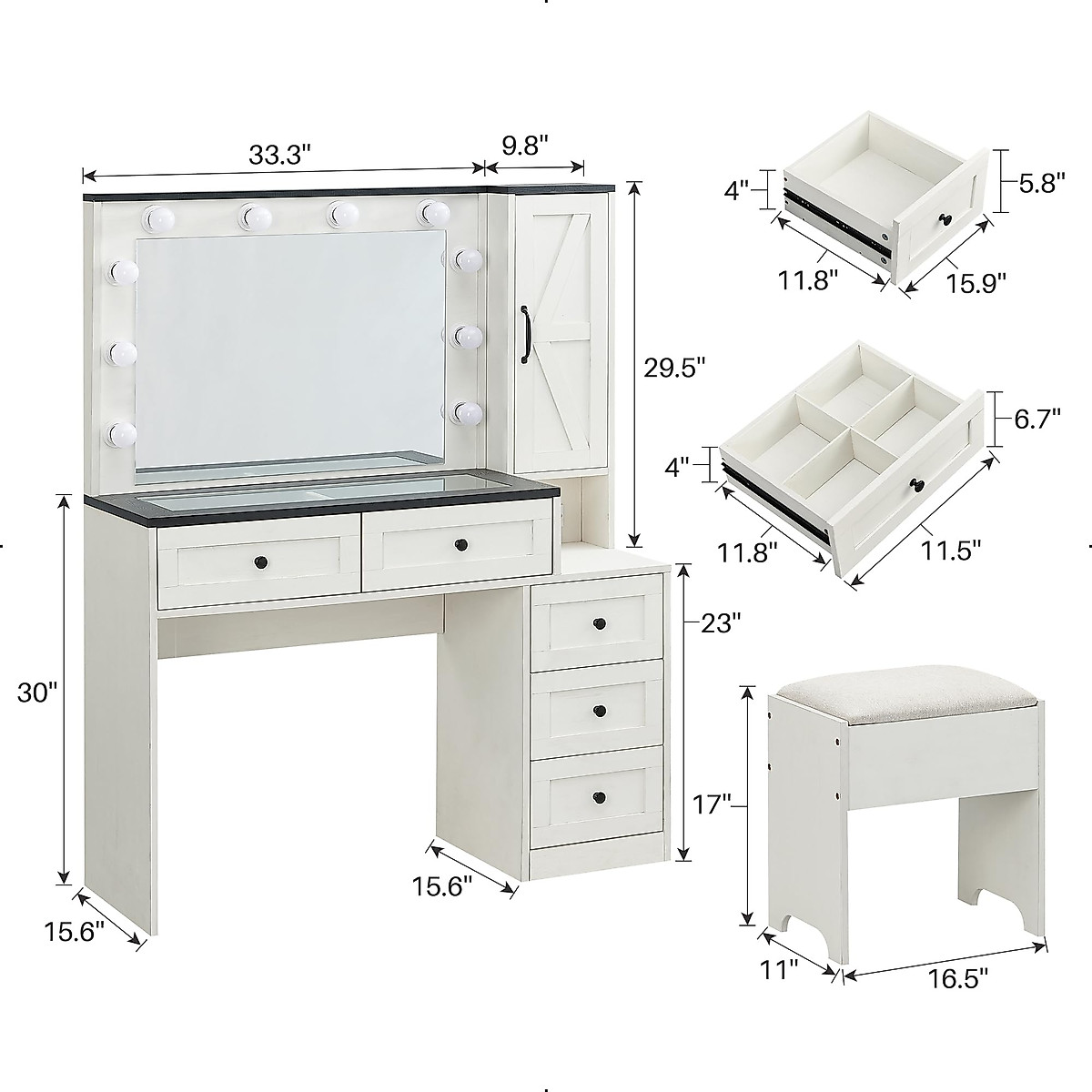 JXQTLINGMU Farmhouse Vanity Makeup Desk with Charging Station, 43" W Vanity Desk with Lights Mirror and Drawers for Makeup, Big Modern Vanity Table Set with Vanity Stool for Bedroom, White