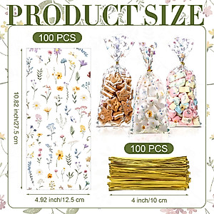 Sweetude 100 Pcs Wildflower Party Cellophane Treat Bags Floral Candy Bags Plastic Clear Goody Bags Flat Bottom Gift Bags for Baby Shower Bridal Shower Birthday Wedding Party Favors,11"x 5"