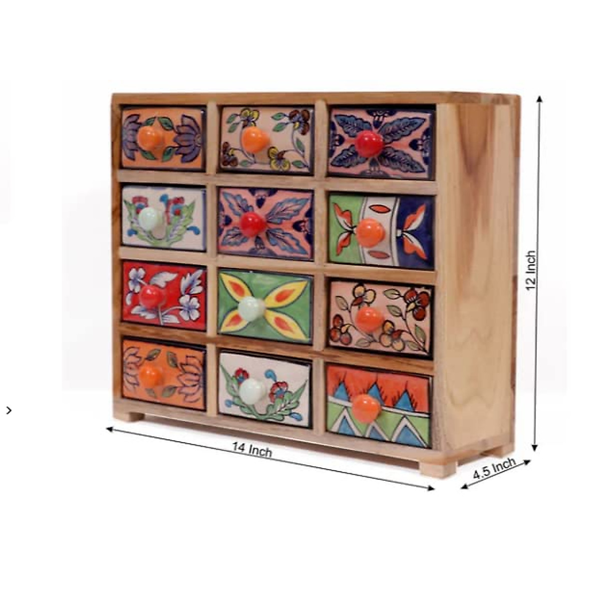 Tyagi-Export -Multipurpose 12 drawer ceramic organizer storage chest of drawers -Teak wood Unique Pottery Fancy Wooden Drawer Box Drawers jewellery organizer,for bedroom living room 14 x 4.5 x 12 Inch