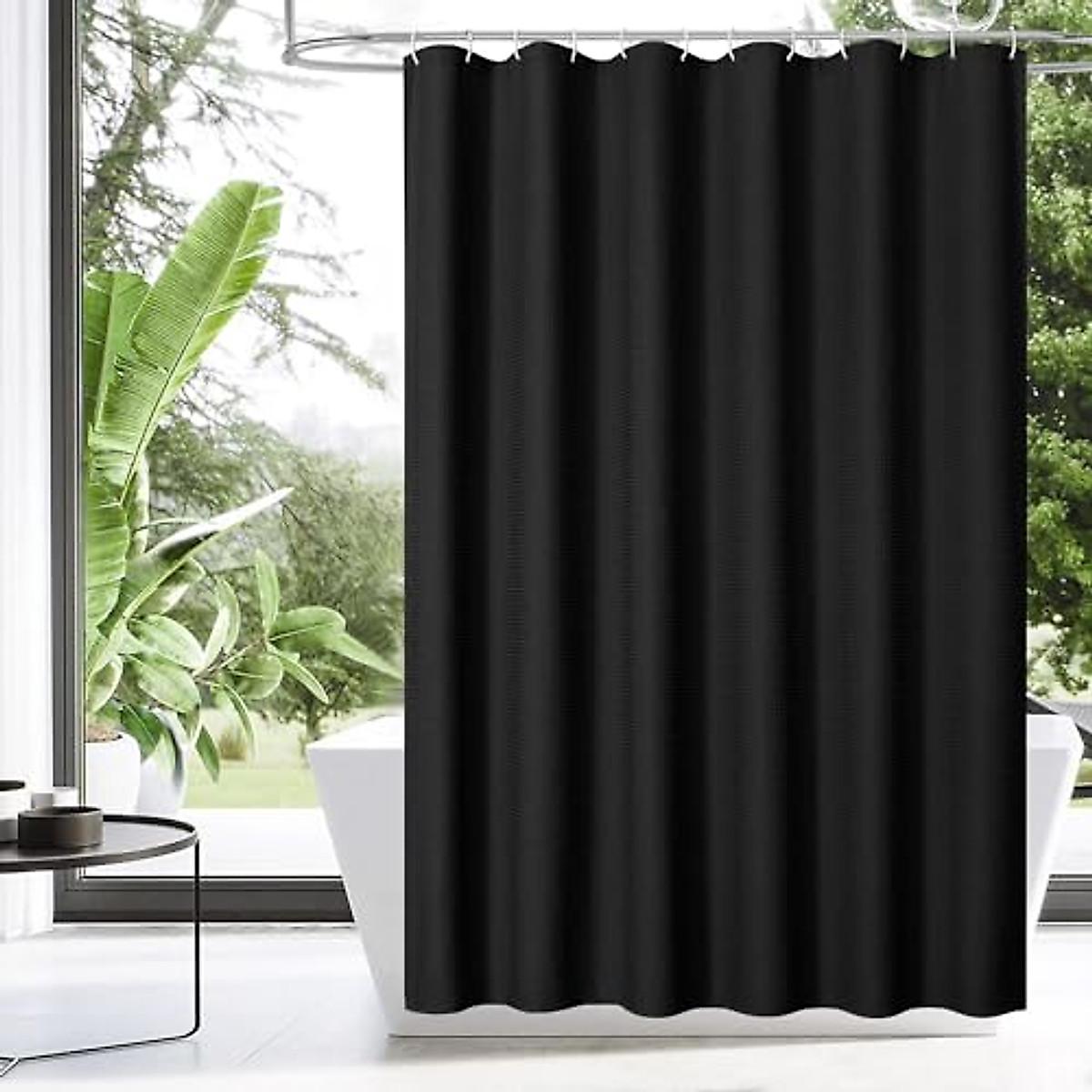 MitoVilla Black Waffle Fabric Shower Curtain, Heavyweight Hotel-Grade Cloth Shower Curtain for Modern Country Bathroom Decor, Waterproof & Wrinkle Resistant, 72 x 72