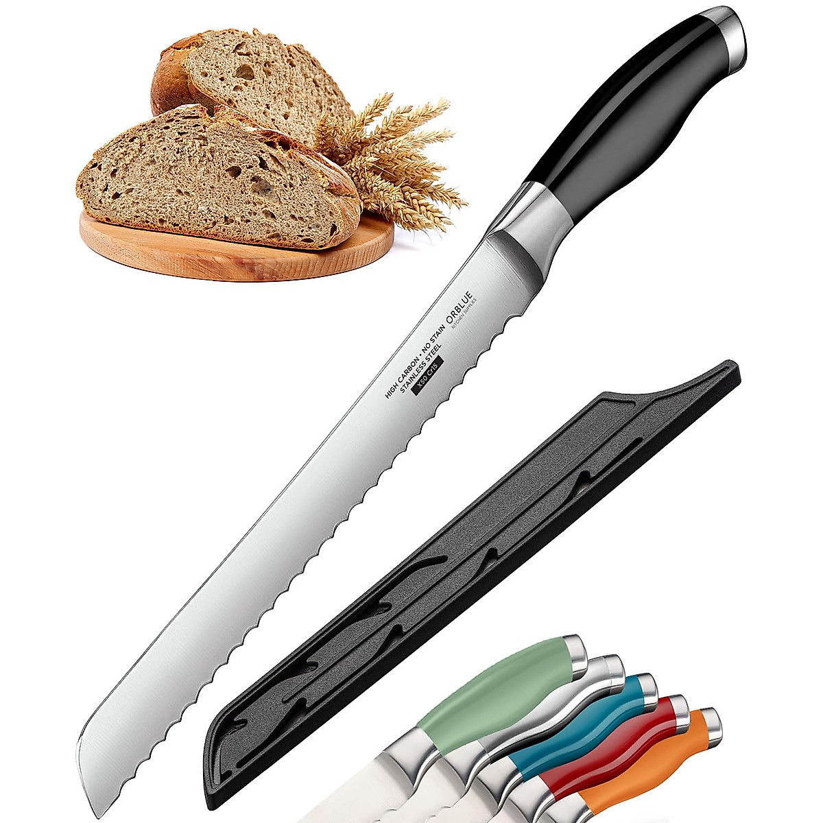 Orblue Serrated Bread Knife with 10-inch Upgraded Stainless Steel Razor Sharp Wavy Edge Width - Bread Cutter Ideal for Slicing Homemade Bagels and Cake, Black