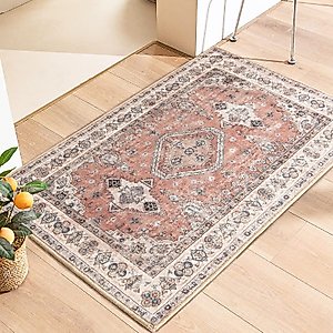 NOTASA Boho Small Rug 2x3 Washable Area Rugs for Entryway Non Slip Aztec Terracotta Oriental Vintage Carpet Moroccan Rug for Bathroom Bedroom Bedside Indoor Floor Decor Flower (Peach/Orange)