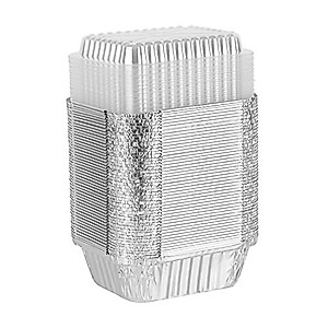 PARTY BARGAINS 1 Lb. Small Aluminum Pan with Lids - 100 Pack Set with Plastic Dome Lids, 5.5" x 4.5" Disposable Take-Out Pans for Meal Prep, Pies, Cakes, Meats (Max 240°C)