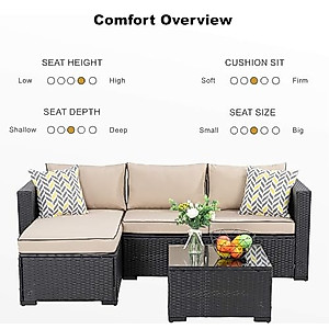 Walsunny Patio Furniture Set 3 Piece Outdoor Sectional Patio Sofa, All Weather Wicker Rattan Outdoor Furniture with Glass Table and Cushions(Black/Khaki)