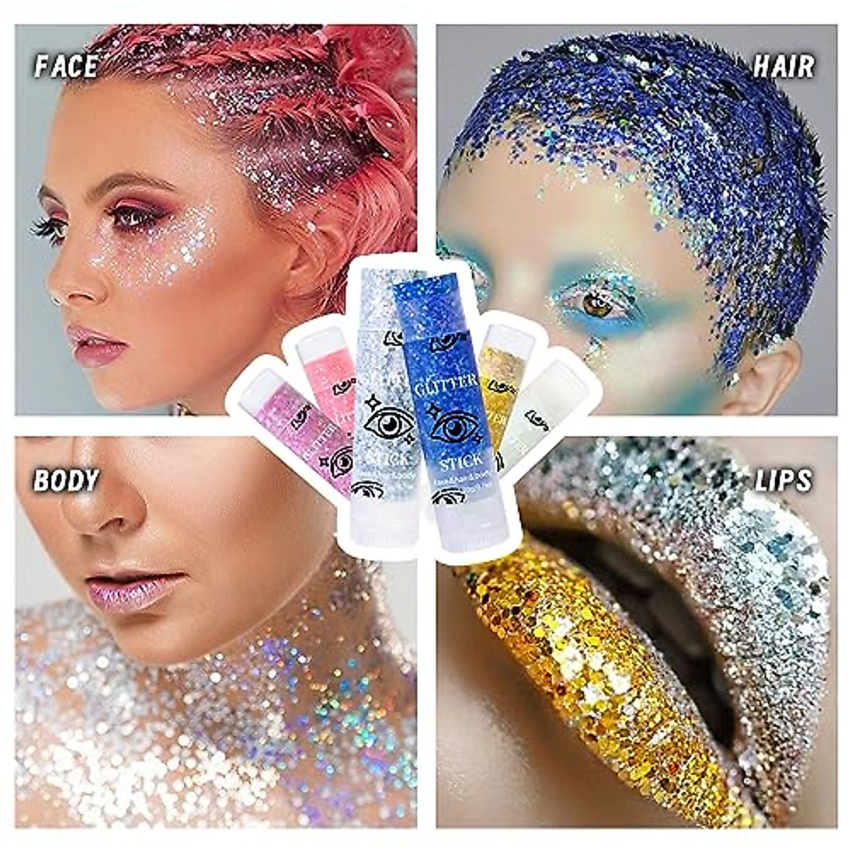 YBUETE Face Body Glitter Stick, Singer Concerts Festival Music Rave Body Glitter, Rotating Mermaid Sequins Chunky Glitter, Holographic Glitter, Waterproof and Long Lasting Sparkling, 03# Gold
