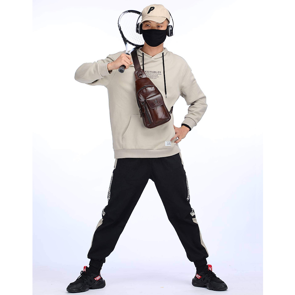 BULLCAPTAIN Mens Leather Crossbody Bag Shoulder Sling Bag Casual Daypacks Chest Bags for Travel Hiking Backpacks (Coffee)