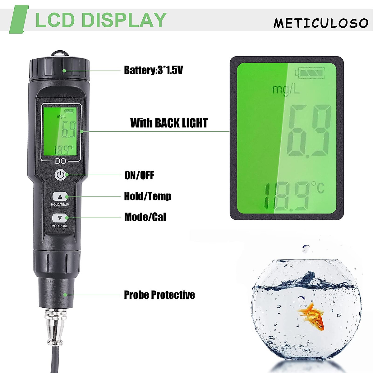 Meticuloso Portable Dissolved Oxygen Meter, DO Range:0-40.00 mg/L, Temperature Compensation: 0-40℃, with Backlight（Not Include Electrolyte Solution)