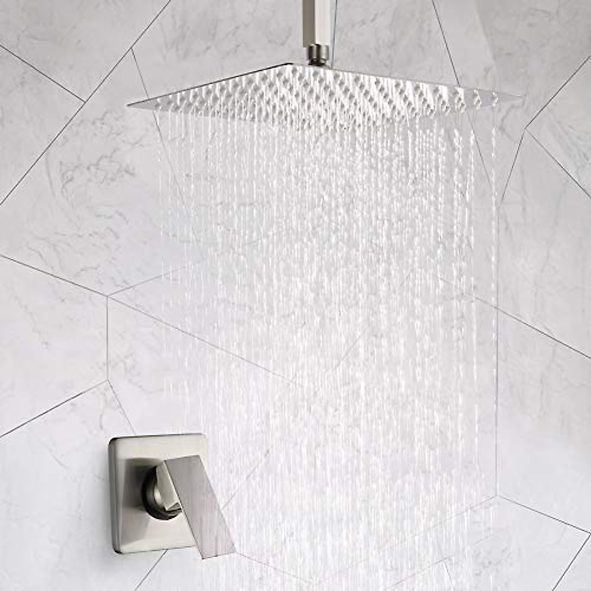 POP SANITARYWARE Ceiling Mount Shower Faucet Set Brushed Nickel Bathroom 10 Inch Rainfall Mixer Shower Head System Single Handle Shower Trim Kit with Rough-in Valve
