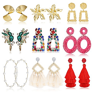 Sanfenly Drop Dangle Earrings for Women Statement Earrings, Bohemian Rattan Tassel Large Hoop Pearls Rhinestone Crystal Gold Geometric Dangling Earring Set