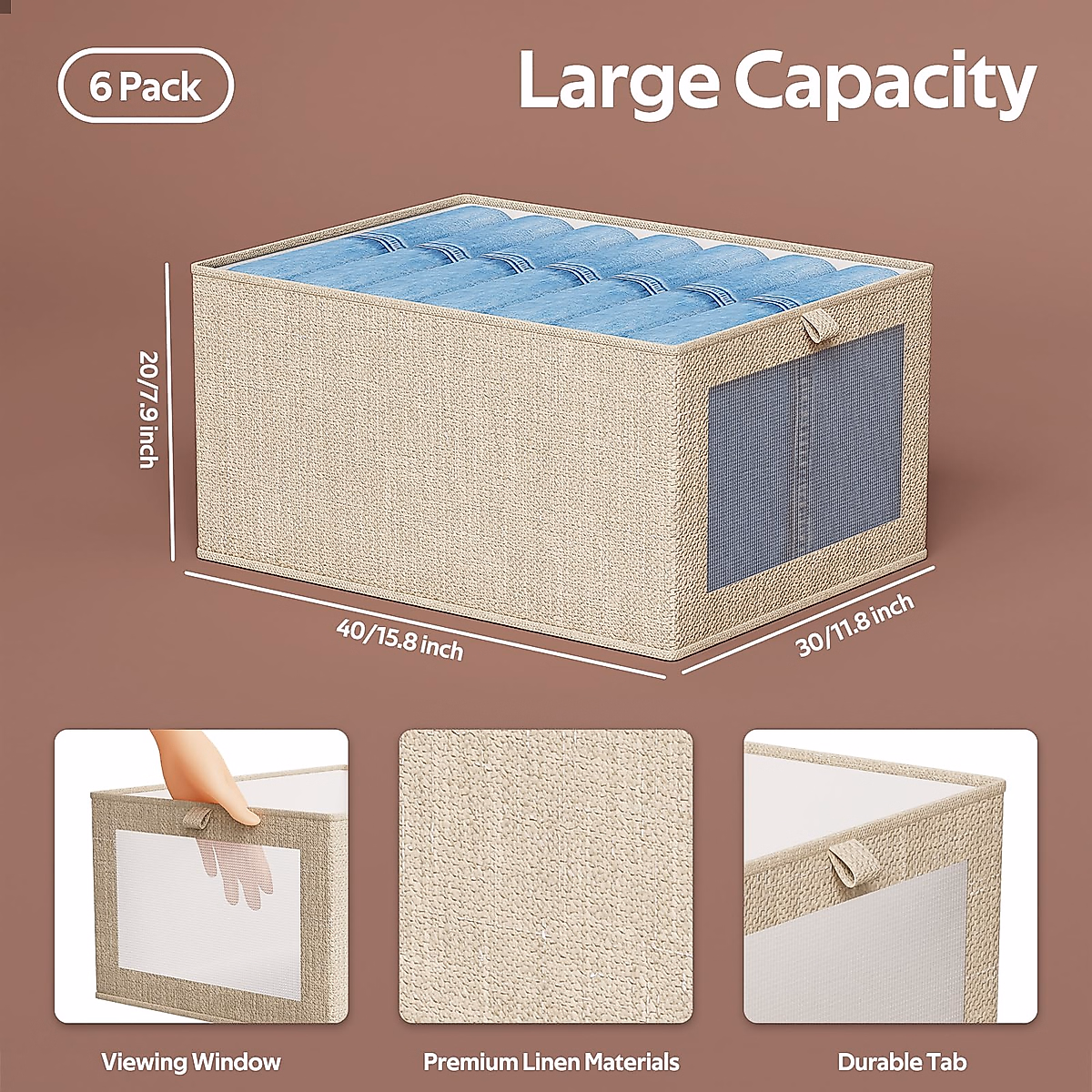 6 Pack Closet Storage Bins, Large Linen Closet Baskets for Clothes Organizer, Foldable Multifunctional Closet Organizer with Clear Window for Clothing, Jeans, Toys, Books, Shelves, Closet, Wardrobe