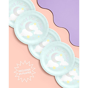 xo, Fetti Over the Moon Paper Plates - 25 pcs | Blue Baby Shower Decoration, Gender Reveal Party Tablescape, Mom to Be Dinner Setting, Birthday Decor