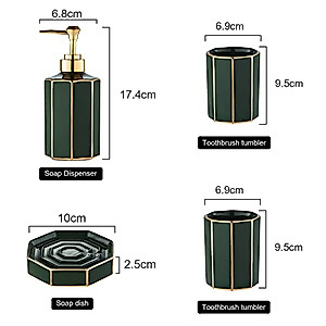4 Pieces Bathroom Accessories Set Ceramic Bathroom Ensemble Includes Lotion Dispenser Toothbrush Tumbler Soap Dish Green and Gold for Bath Decor