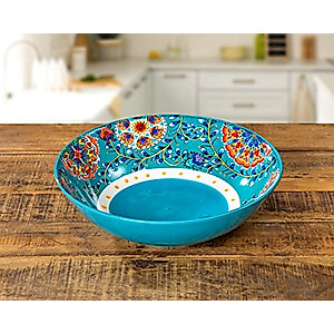 MICROWAVE SAFE Holiday Christmas DInner Ceramic Large Serving Bowl Pasta Bowl Fruit Bowl Salad Bowl Party Holiday Bohemian Talavera Spanish Influenced Design (Turquoise)