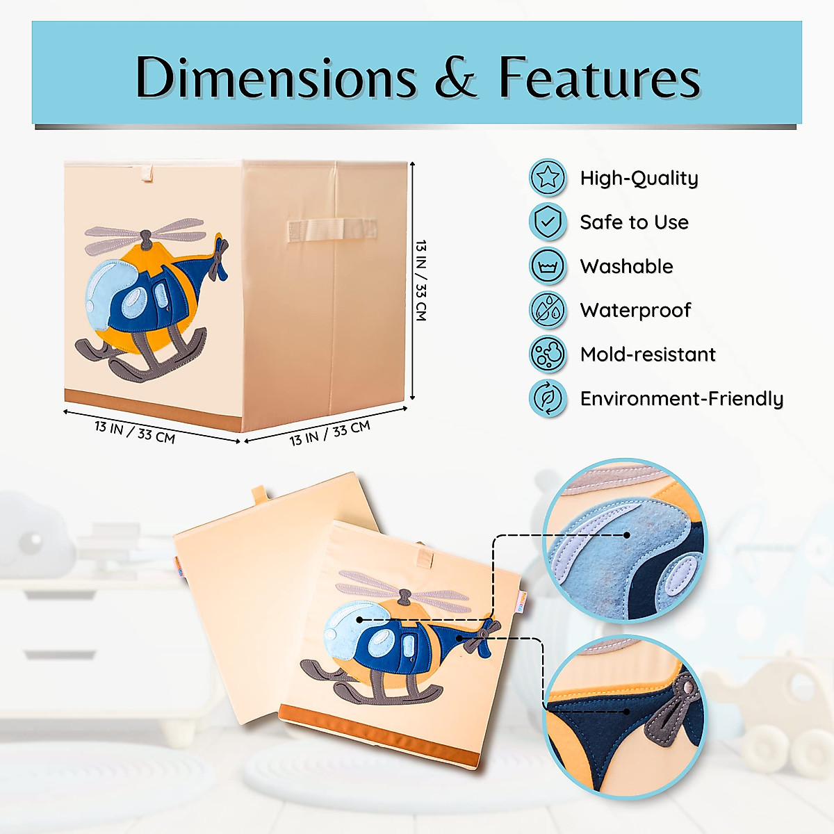 Product 4 Kids - Washable Cube Storage Organizer Bins, Foldable Canvas Toy Organizers and Storage for Toys, Books, Clothes- Kids Storage Bins for Bedroom or Playroom-13x13x13 Inch (Helicopter)