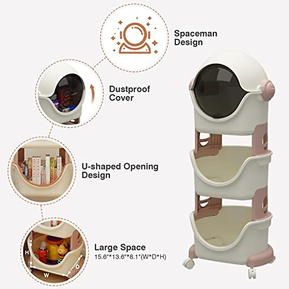 BanaSuper Kids Storage Cart with Wheels Spaceman Shape 3-Tier Rolling Bins for Toddler Dustproof Cover Children Toy Storage Organizer for Kids in Playroom Bedroom Nursery (Pink)
