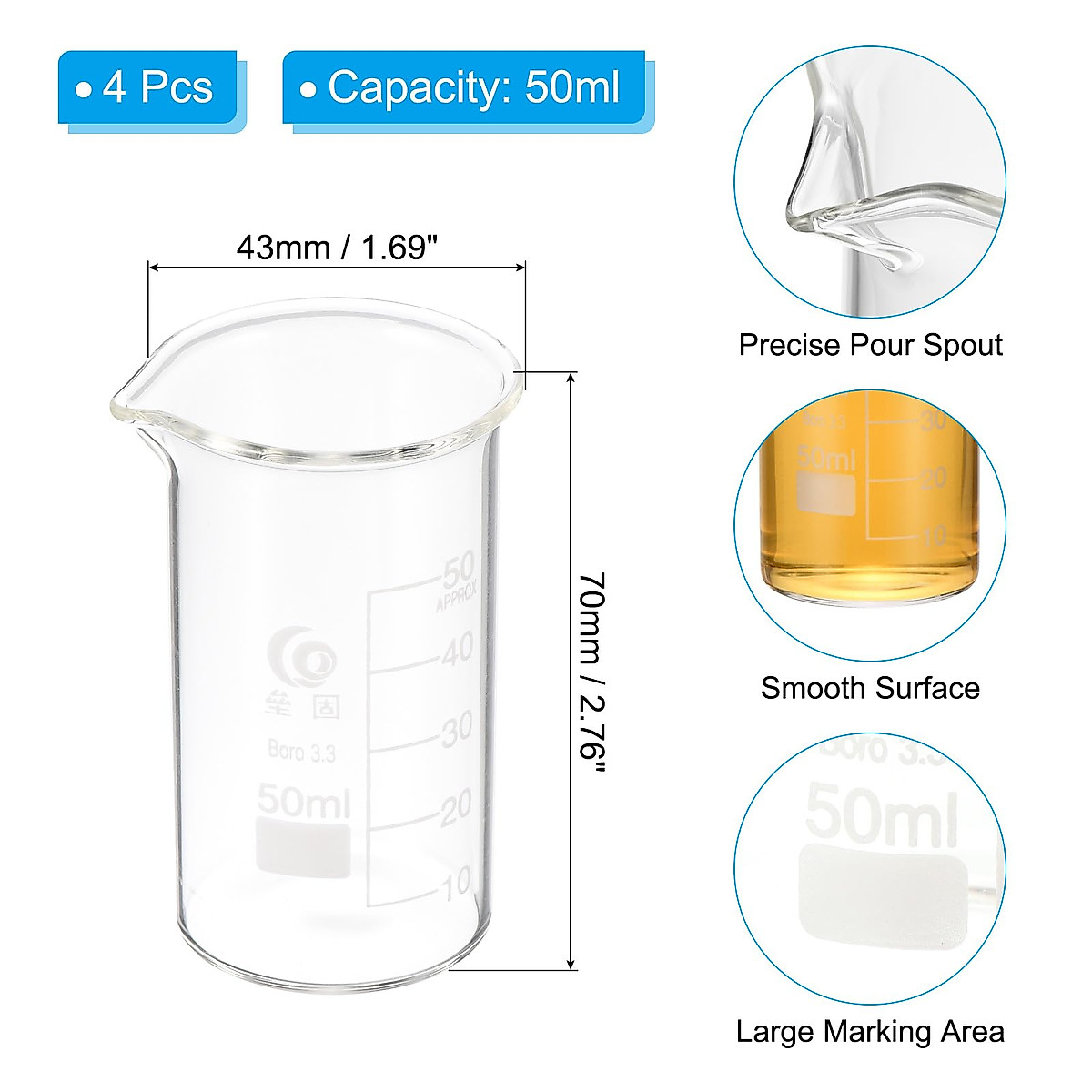 PATIKIL 50ml Tall Glass Beaker, 4Pcs 3.3 Borosilicate Glass Beakers Graduated Measuring Cup with Spout for Lab Experiment, Cooking and Baking, Clear