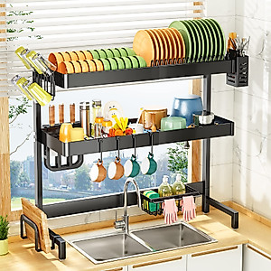 Over The Sink Dish Drying Rack, 3 Tier Dish Drying Rack Auto-Drain Expandable (19.9 to 34 inch) Kitchen Counter Dish Drainer Rack with Metal Steel Utensil Cup Holder Sink Caddy, Black