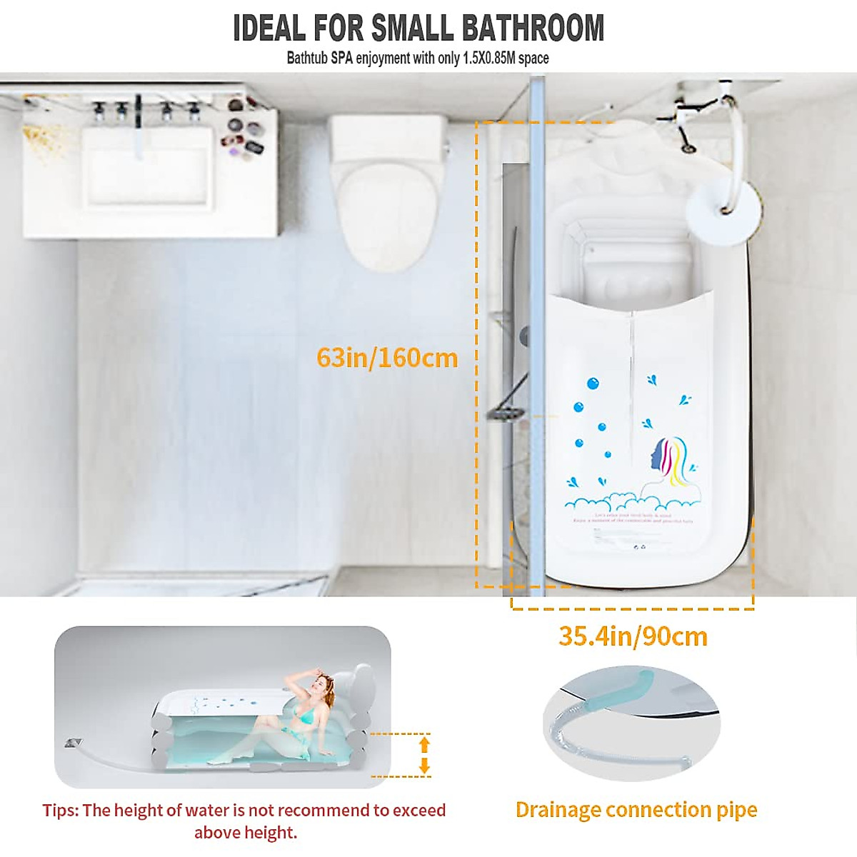 Nevife Inflatable Blow Up Bathtub with Bath Base,Headrest,Cup Holder and Pocket Storage,Foldable/Portable Free Standing Bath Tub for Adult Spa, Ideal for Hot Bath/Ice Bath 63"x35.4"x35.4"(Grey)