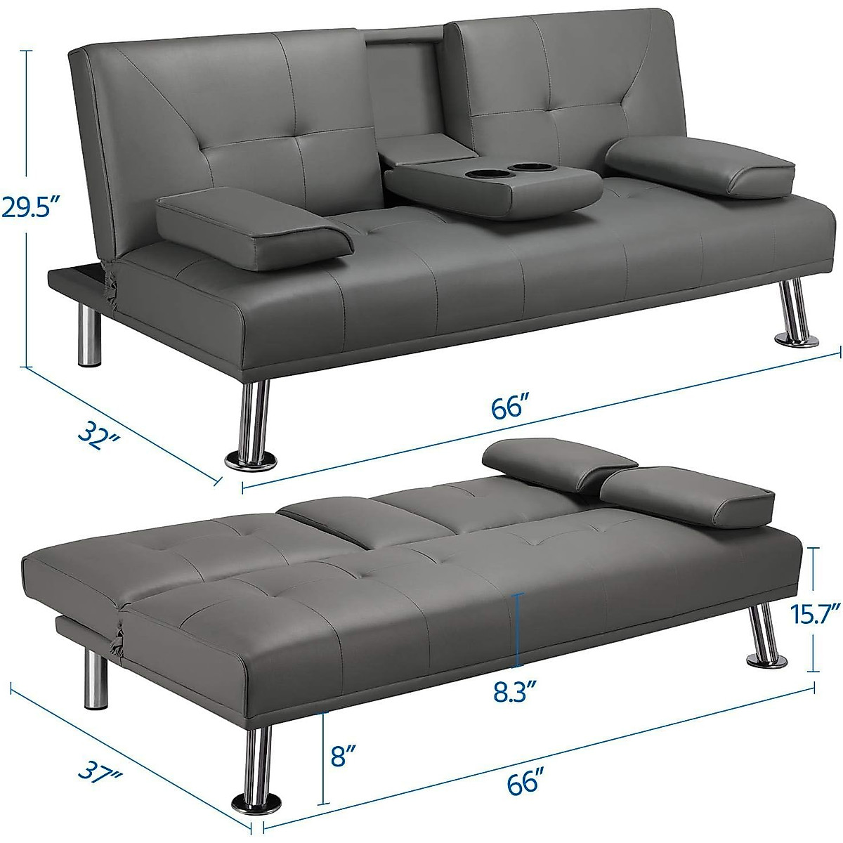 Futon Sofa Bed Modern Folding Couch for Small Space, Faux Leather Convertible Loveseat Sleeper Bed Daybed Recliner Lounge Sofas for Living Room,2 Cup Holders,Metal Legs,Removable Armrests (Gray)