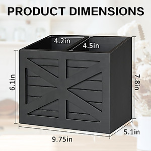 Uipame Wood Utensil Holder, Large Kitchen Utensil Holder for Countertop, Cooking Utensil Organizer for Flatware, Black Utensil Caddy with 2 Compartments, Rustic Utensils Organizer for Kitchen Counter