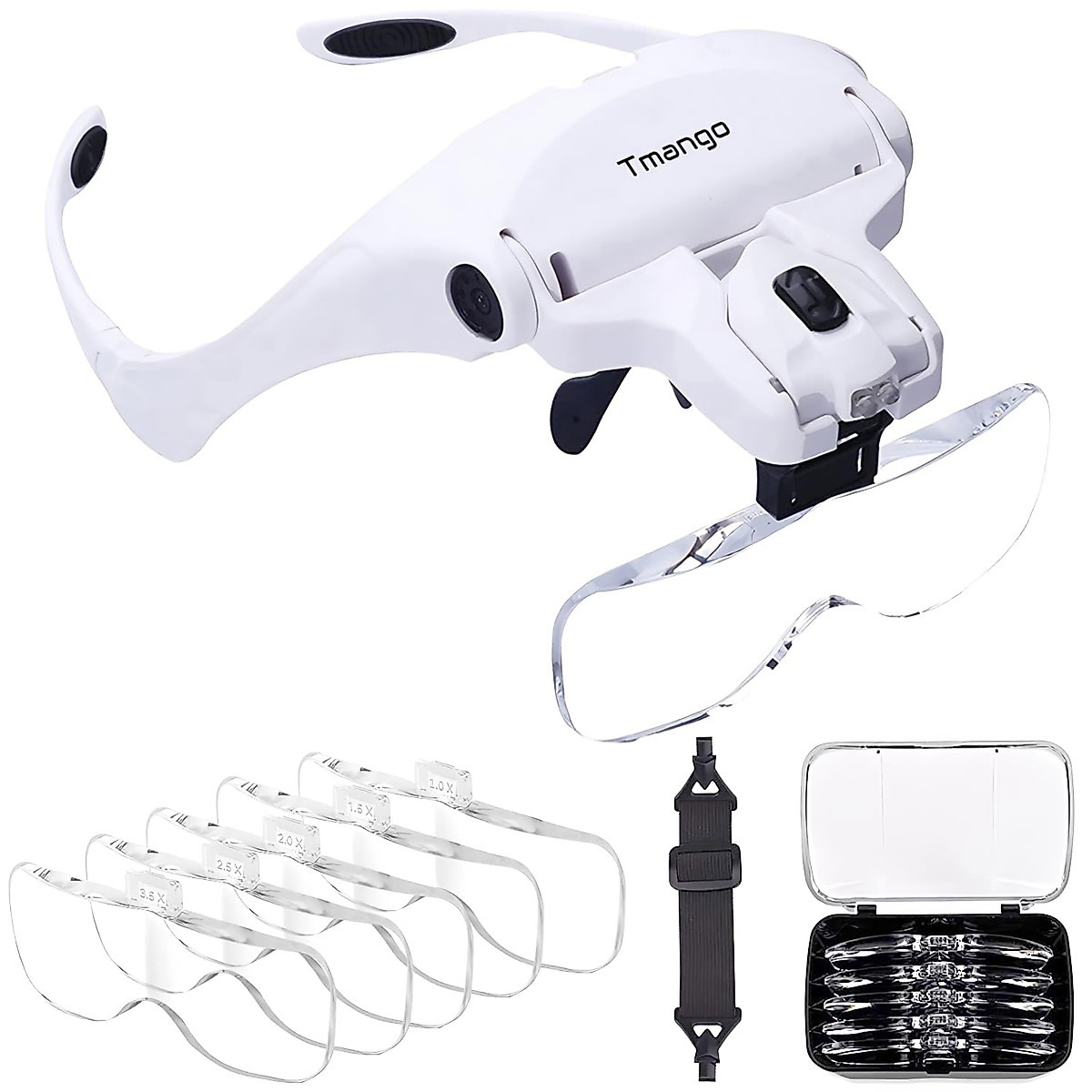 TMANGO Head Mount Magnifier with Lights, Magnifying Headset Glasses for Close Up Work, Watch, Cross-Stitch, Jewelry, Embroidery, Arts & Crafts or Reading Aid with Headband