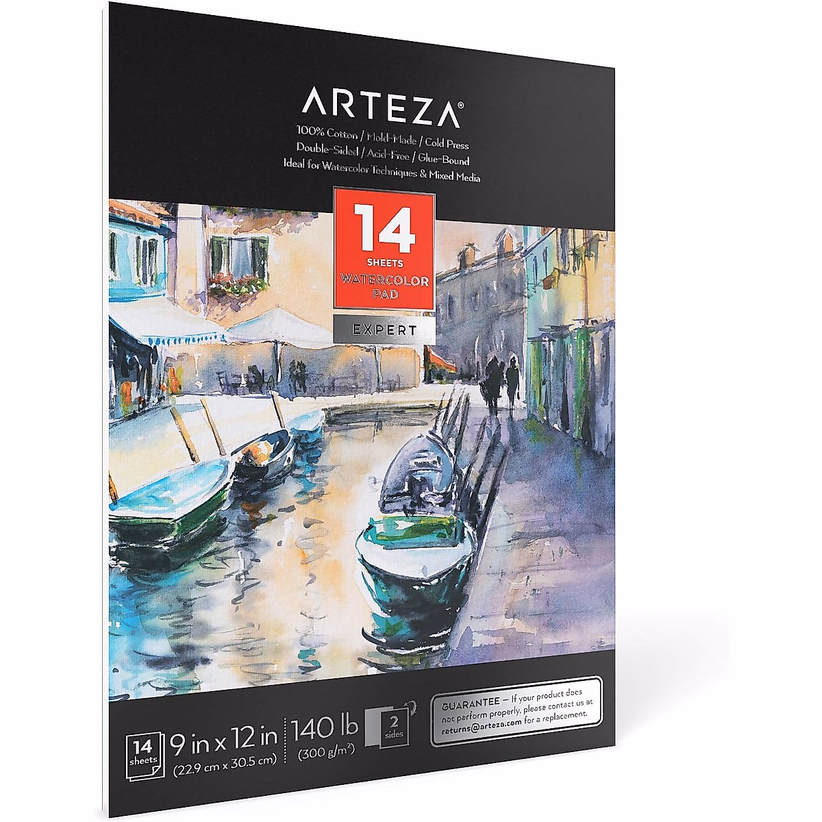 ARTEZA Watercolor Paper, 14 Sheets, 9x12 Inches Watercolor Pad, 140lb/300gsm, 100% Cotton, Double-Sided, Cold Press, Acid Free Art Paper
