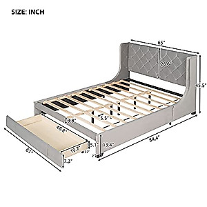 YuiHome Queen Size Velvet Upholstered Platform Bed with a Big Drawer, Queen Storage Bed with Wingback Headboard for Bedroom Guestroom, No Box Spring Needed, Gray