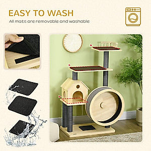 PawHut 56" Cat Tree Activity Condo Luxury Pine Wood with Hamster-Wheel, Sisal Scratching Posts, Elevated Perches, & Roomy Interior
