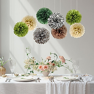ANSOMO Jungle Safari Tissue Paper Pom Poms Wild Animal Leopard Zebra Print Cheetah Party Decorations Sage Green Brown Flowers Wall Hanging Décor Table Centerpieces Supplies Birthday Bridal Baby Shower