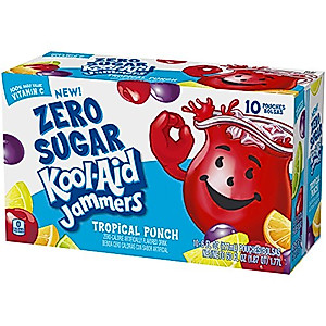 Kool-Aid Jammers Tropical Punch Zero Sugar Artificially Flavored Kids Soft Drink (10 ct Box, 6 fl oz Pouches)