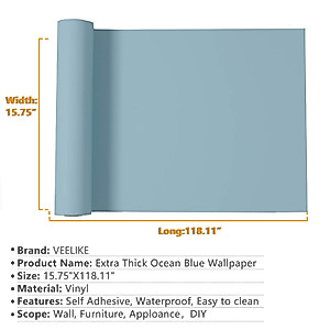 VEELIKE 15.7''x118'' Ocean Blue Wallpaper Peel and Stick Thickening Self Adhesive Blue Contact Paper Waterproof Decorative Vinyl Film for Walls Countertops Cabinets Shelf Drawer Liners Bedroom Kitchen