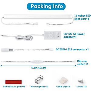 Litever Under Cabinet Lights Plug in, 6 pcs 12 Inches LED Light Strip Bars. Super Bright Dimmable Linkable for Kitchen Counter Above Cabinets Shelf Workbench Desk Closet Lighting. Daylight 5000K