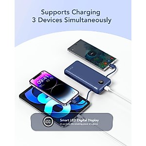 VRURC Portable Charger 20000mAh, Fast Charging Power Bank USB C,4 Output 2 Input Charging Bank Equipped with LED Display,Built-in Wall Plug and Cables,Cell Phone Replacement Battery,Blue