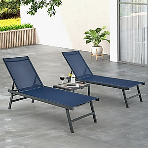 Tangkula 3 Piece Patio Chaise Lounge Set, Aluminum Patio Recliner with Coffee Table, 6-Level Backrest Adjustment, Outdoor Lounge Chair & Side Table Set for Poolside, Backyard (Navy Blue)