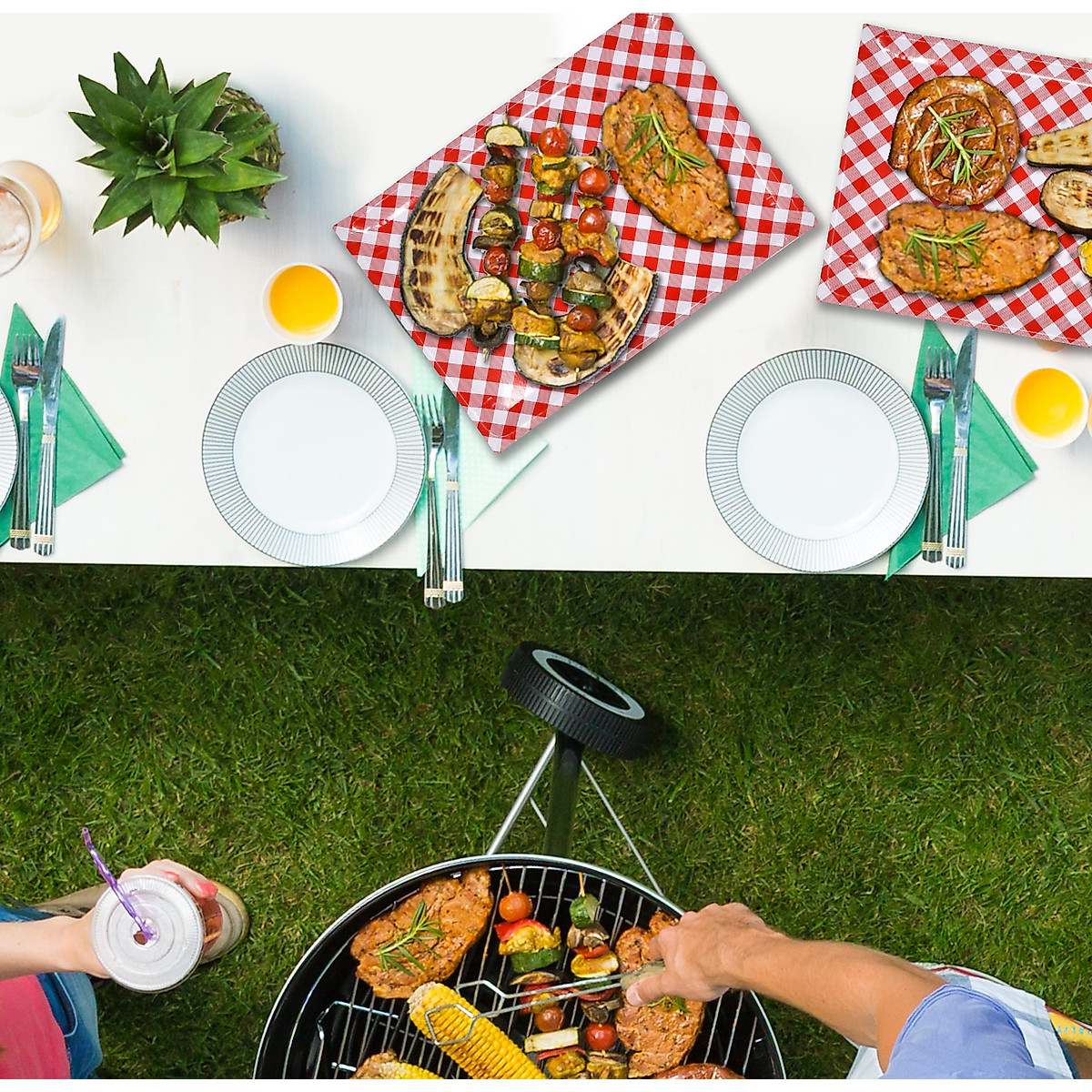 10 Disposable Red & White Gingham Serving Trays Large 10.75" X 15.75" Heavy Duty Rectangle Paper Cardboard BBQ Tray for Dessert Platter Cupcake Display Birthday Party Tableware Supplies