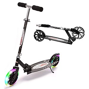 ChromeWheels Kick Scooter, Deluxe 8" Large 2 Light Up Wheels Wide Deck 5 Adjustable Height with Kickstand Foldable Scooters, Best Gift for Age 9 up Kids Girls Boys Teens, 180 lbs Weight Limit, Black