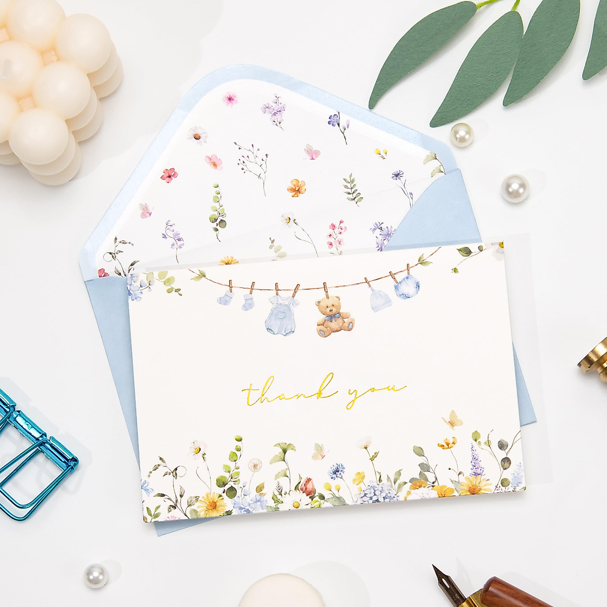 Crisky Baby Shower Blue Gold Thank You Cards (50 Pack) with Envelopes & Stickers Boy Baby Shower Greeting Cards Bulk, Watercolor Delicate Wildflower for Baby Shower Party