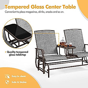 Yaheetech 2-Seat Outdoor Glider with Center Table, Patio Rocking Loveseat with Breathable Mesh Sturdy Metal Frame for Garden Pool Lawn