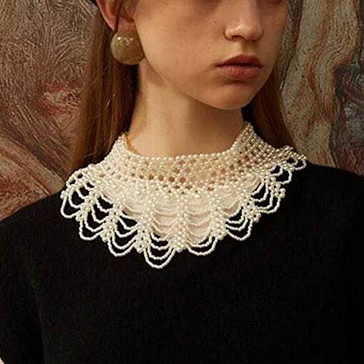Shinywear Women Pearl Beads Necklace Decorative Gown Dress False Collar Luxury Crown Choker Dicky Neckwear Cream White