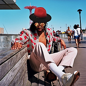 Gradient Color Fedora Hat for Women & Men, 4 Pack Classic Wide Brim Floppy Felt Panama Hat Outdoor Sun Hat with Belt Buckle, Camel+Grey+Red+White