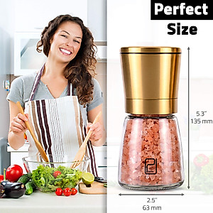 Grinder Set - Golden Salt and Pepper Shaker Mill - Brass Pepper Grinders Refillable - Adjustable Coarseness - Sea Salt, Black Peppercorn