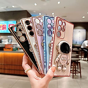 Jusy Samsung Galaxy S22 Ultra 5G Case - 6D Plating Astronaut Stand, Camera Protector, Shockproof Bumper, Love Heart Theme, Elegant Design for Girls & Women - Black