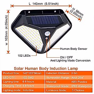 HFFFHA 2 Side 102LED PIR Motion Sensor Solar Energy Street Lamp 3 Lighting Modes Yard Path Home Garden Solar Power Induction Wall Light
