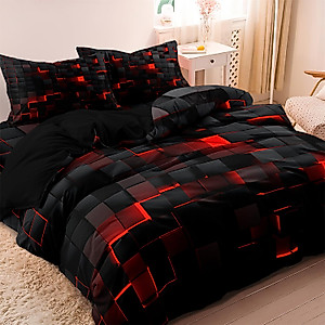 ZIRANSHU King Size Quilt Cover, Red and Black Grid Printed Quilt Personalized Geometric Square Grid Bedding Set for Adult Kids Boys Girls Comforter Duvet Cover Set (1 Duvet Cover + 2 Pillowcase)