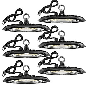Sunco 6 Pack UFO LED Plug & Play High Bay Light, Lighting for Warehouse, 5000K Daylight, 150W, Power Cord Included, 19500 LM, 120VAC, IP65 Waterproof Shatterproof Fixture - UL Listed