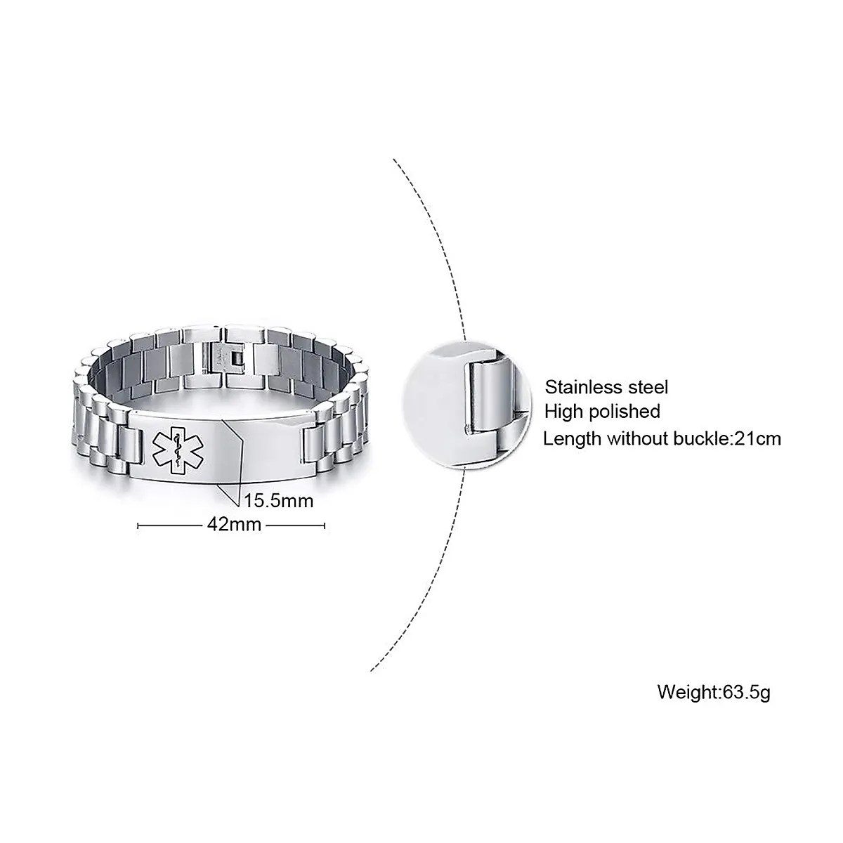 VNOX Customize Medical Emergency Jewelry 15.5MM Wide Metal Stainless Steel Watchband Link Bracelet,8.5" (Silver, *Custom Engraving)