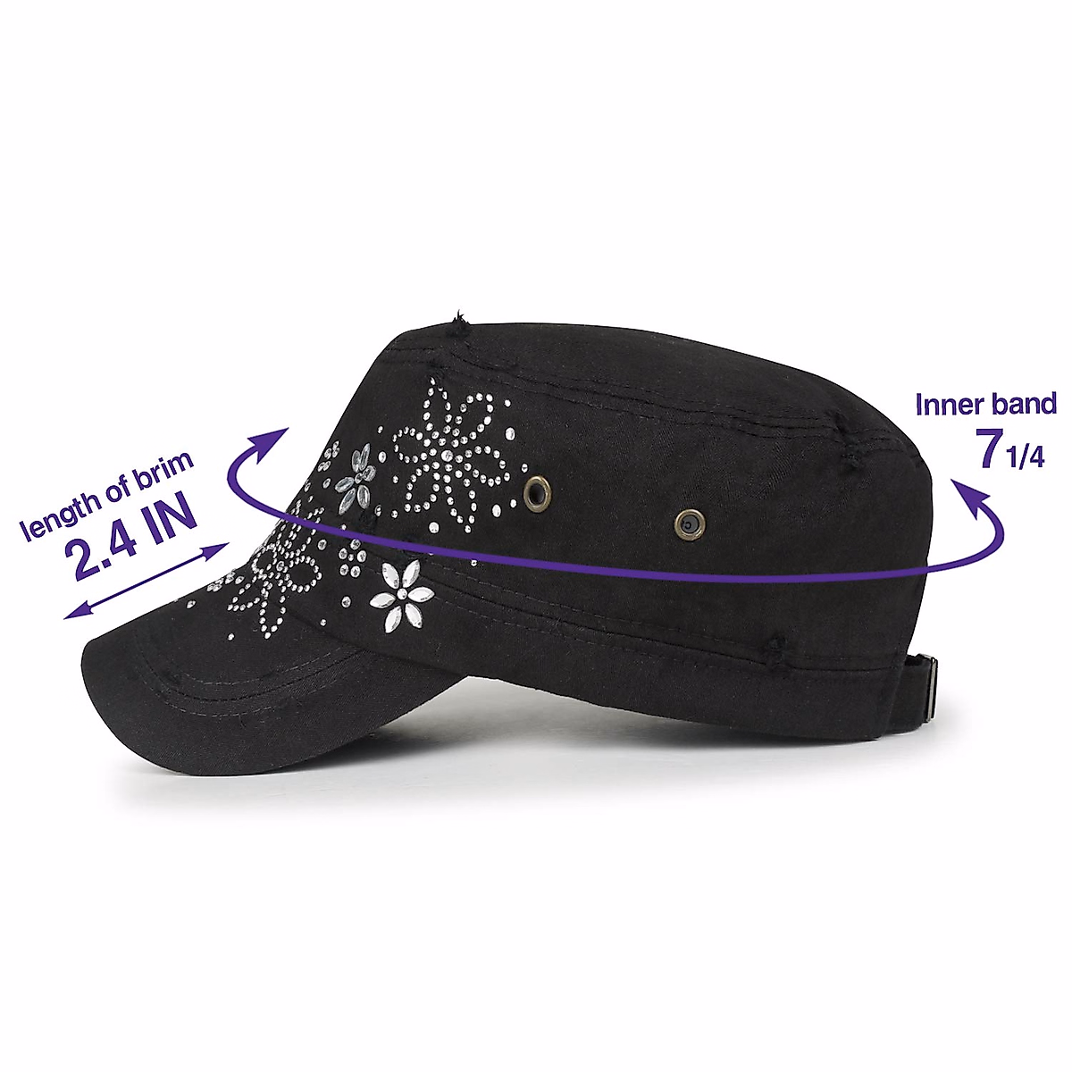 ililily Crystal Gemstone Stud Flower Vintage Cotton Military Army Hat Cadet Cap, Black