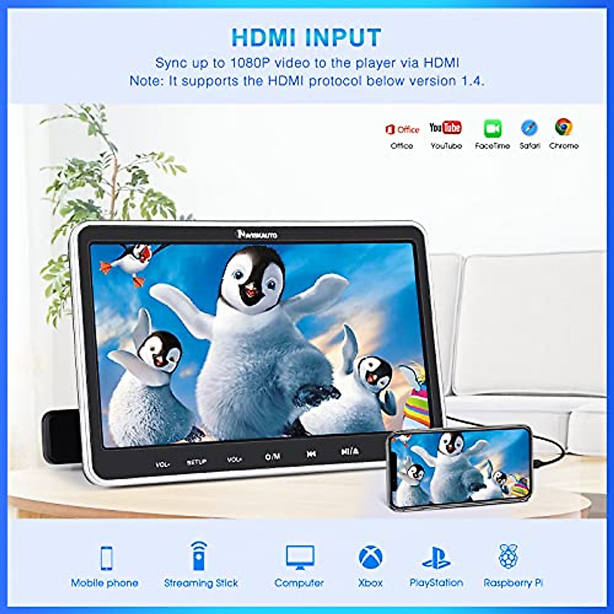 NAVISKAUTO 10.1'' DVD Player for Car with HDMI Input Wall Charger Headphone, Car DVD Player with Headrest Mount Support 1080P Video, MP4, USB/SD Card, AV in & AV Out, Region Free, Last Memory