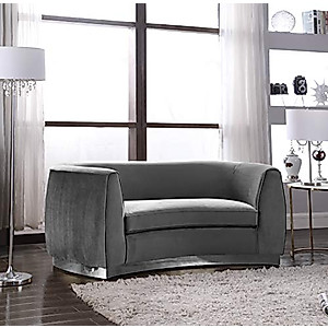 Meridian Furniture Julian Collection Modern | Contemporary Velvet Upholstered Loveseat with Stainless Steel Base in Polished Chrome Finish, Grey, 70" W x 34" D x 28" H