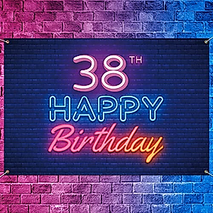 Glow Neon Happy 38th Birthday Backdrop Banner Decor Black – Colorful Glowing 38 Years Old Birthday Party Theme Decorations for Men Women Supplies